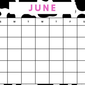 Blank Monthly Calendar, Printable Calendar, Cow Print Calendar, Sunday ...