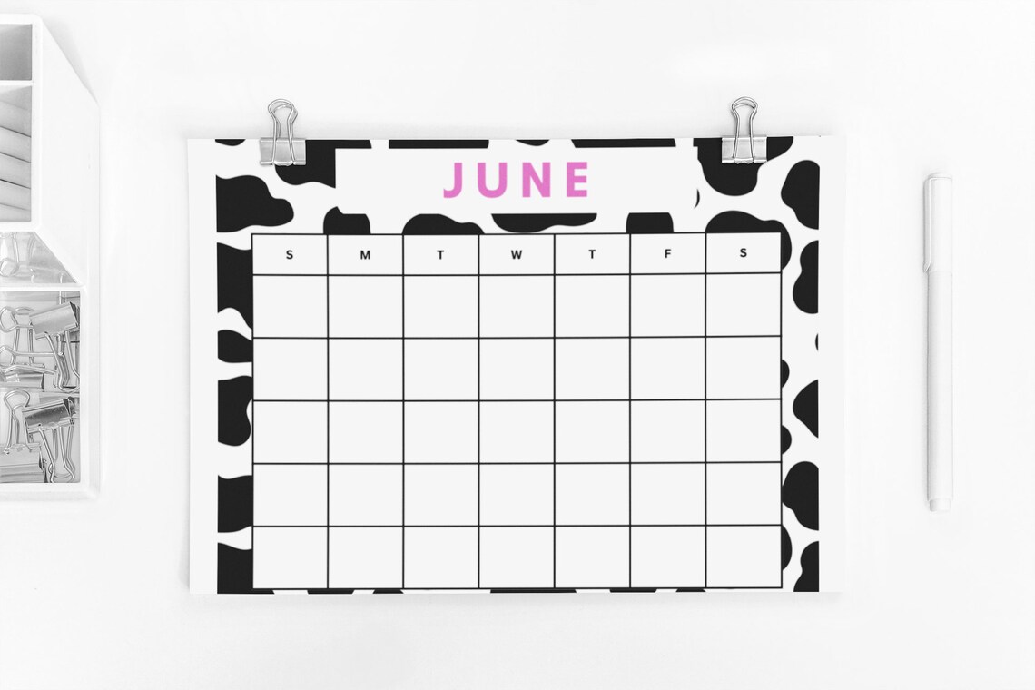 Blank Monthly Calendar, Printable Calendar, Cow Print Calendar, Sunday ...