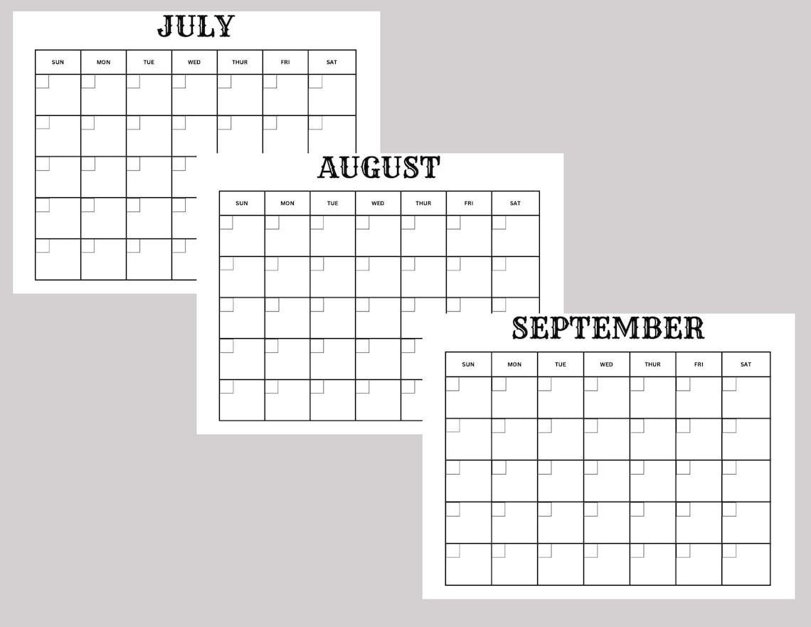 Blank Monthly Calendar, Printable Calendar, Sunday Start, Monday Start ...