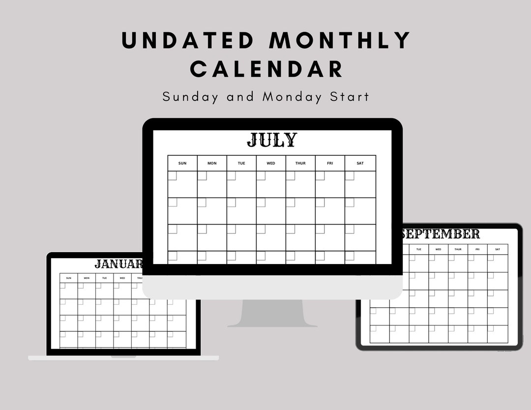 Blank Monthly Calendar, Printable Calendar, Sunday Start, Monday Start ...