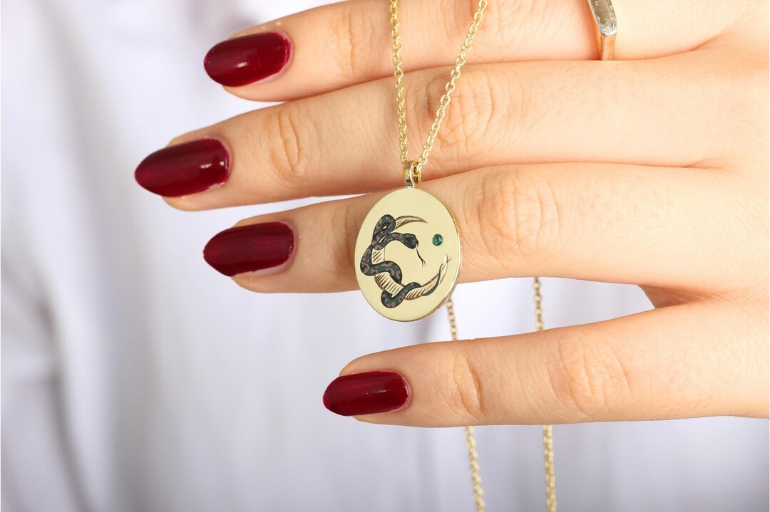 Custom Snake Necklace, Engraved Moon Detailed Enamel Snake Pendant ...