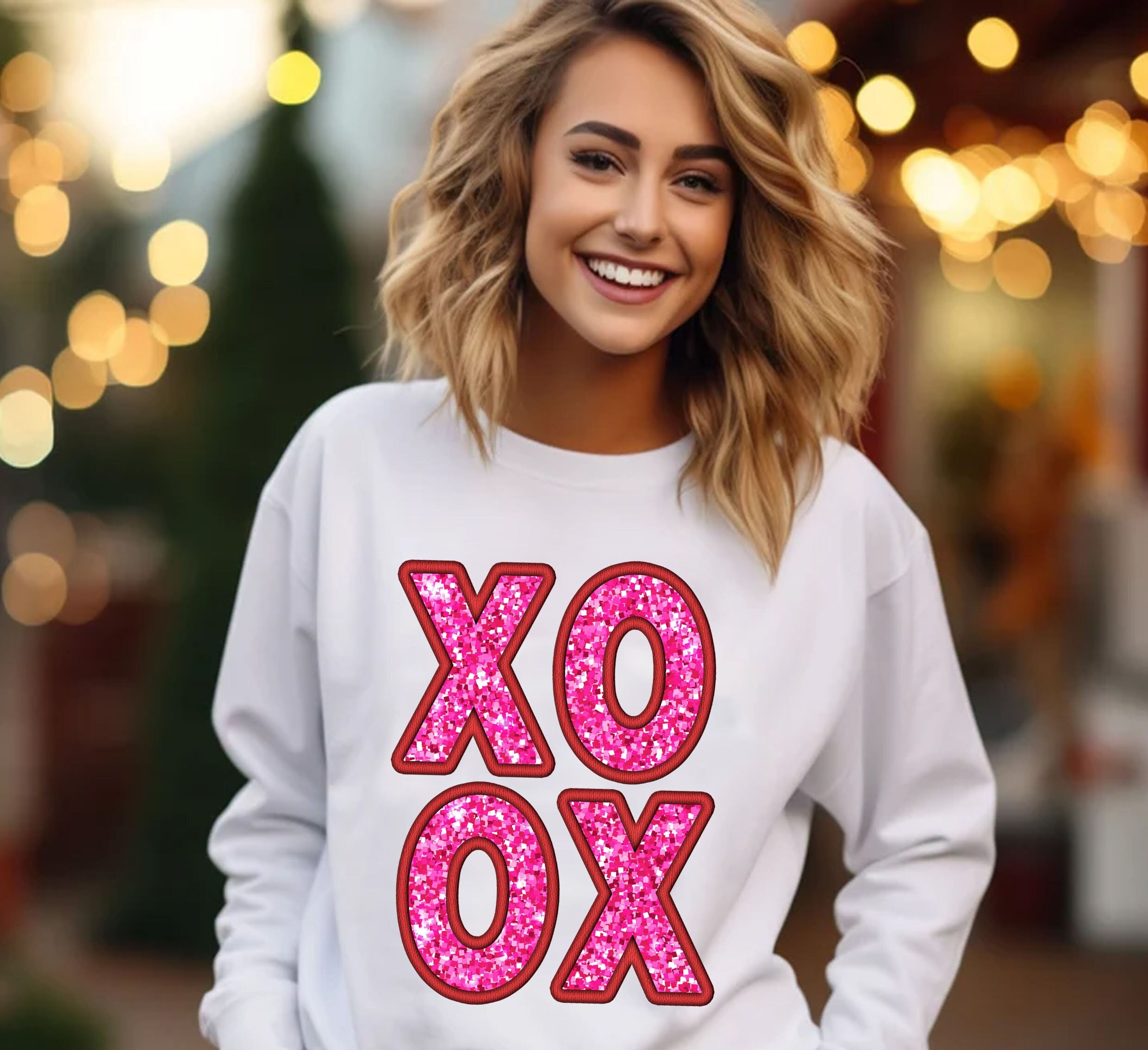 Cute Valentines Day Shirt Design Pink Xoxo Sparkly Faux Sequins
