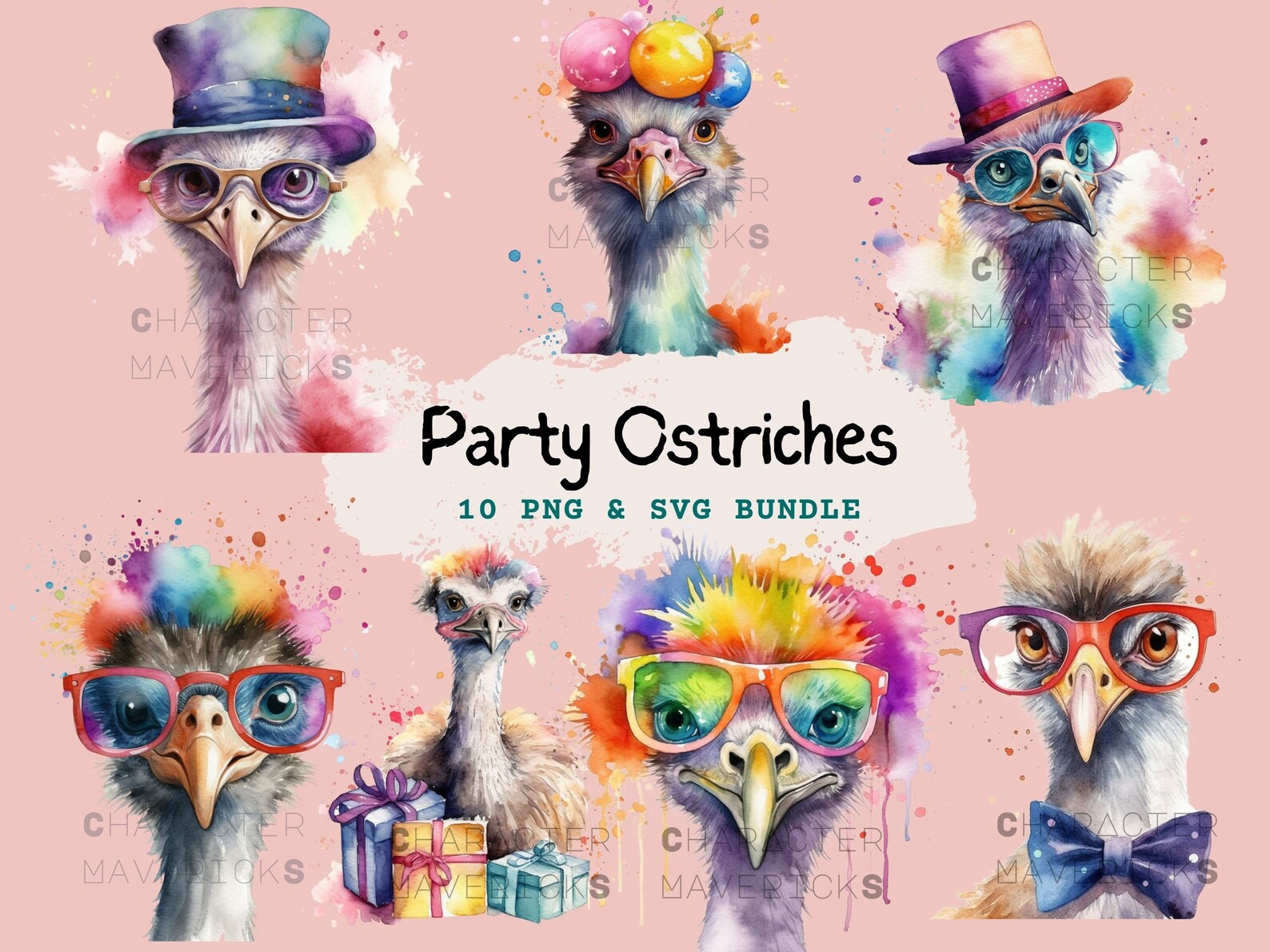 Watercolor Ostrich Party Clipart 10 PNG SVG Baby-shower - Etsy