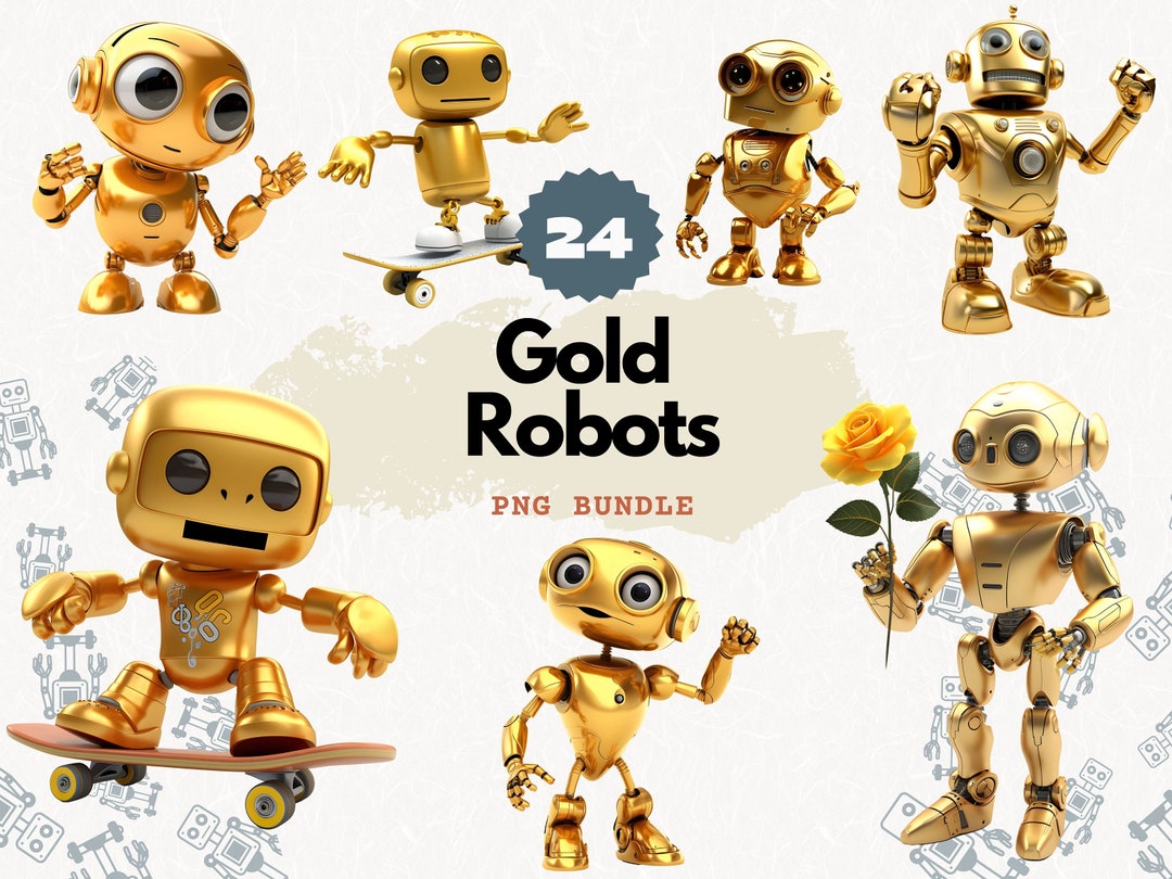 Cute Gold Robot Clipart Set of 24 PNG bundle - Etsy México