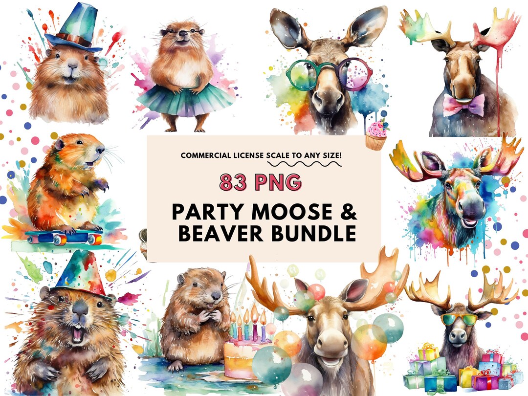 Woodland Animals Clipart Watercolor Moose and Beaver Party - Etsy