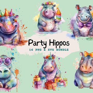 Watercolor Hippo Party Clipart 16 PNG SVG Baby-shower - Etsy