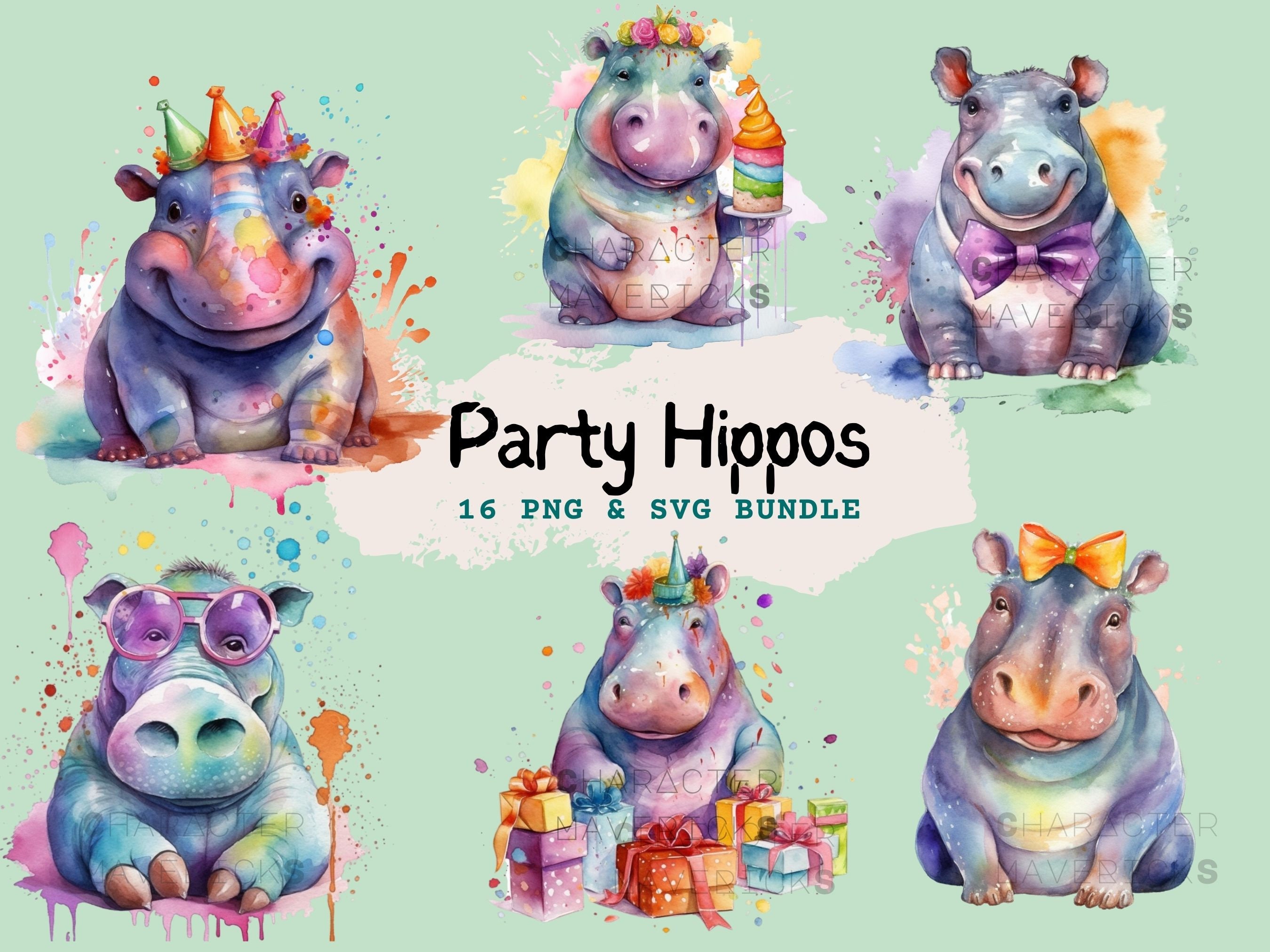 Watercolor Hippo Party Clipart 16 PNG SVG Baby-shower - Etsy