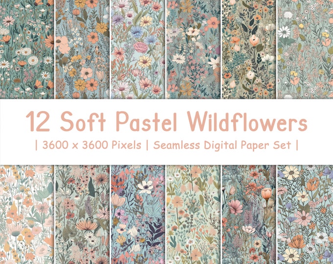 12 Pastel Flowers Patterns, Floral Digital Paper, Spring Wildflower ...