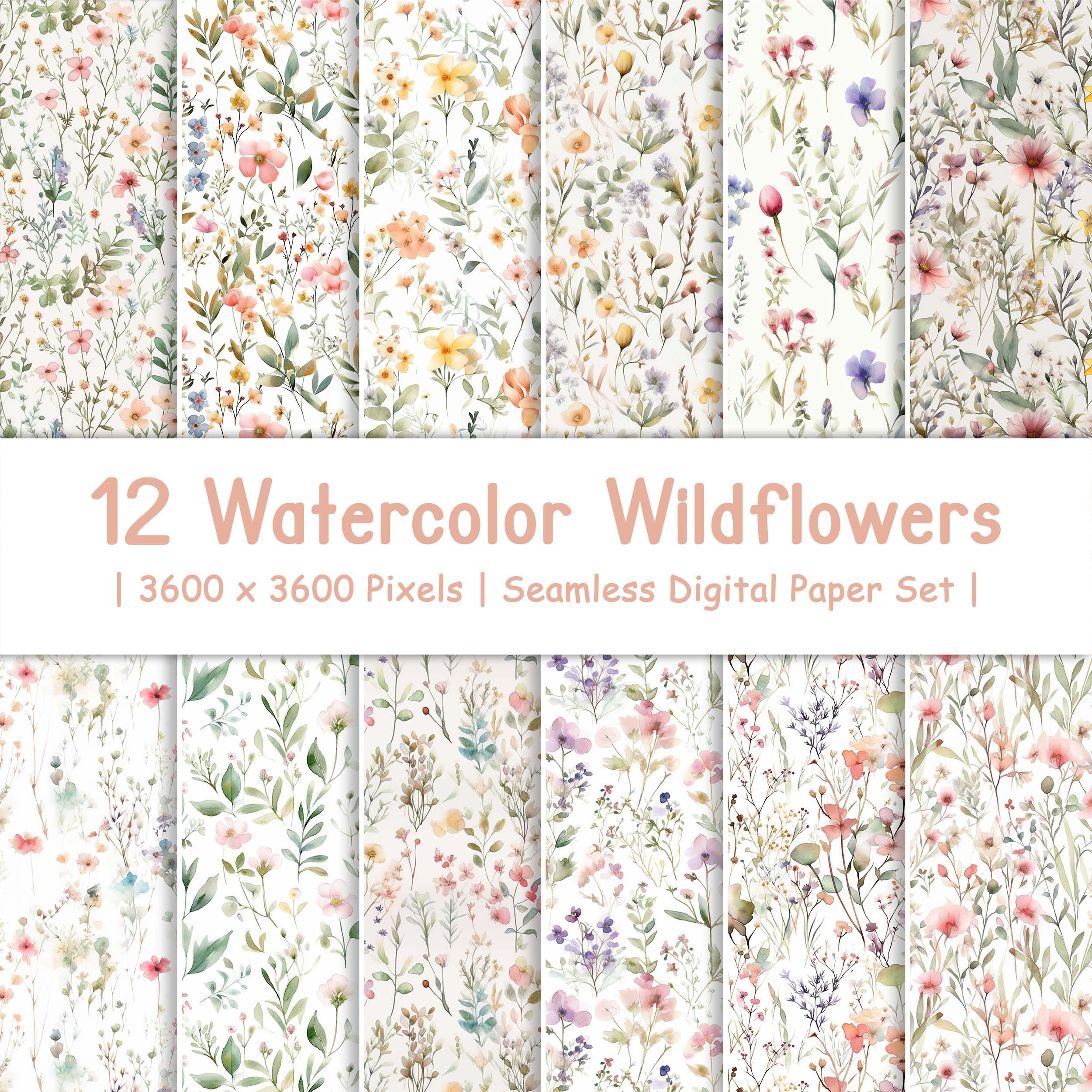 12 Watercolor Wildflower Patterns | Spring Field Summer Floral ...