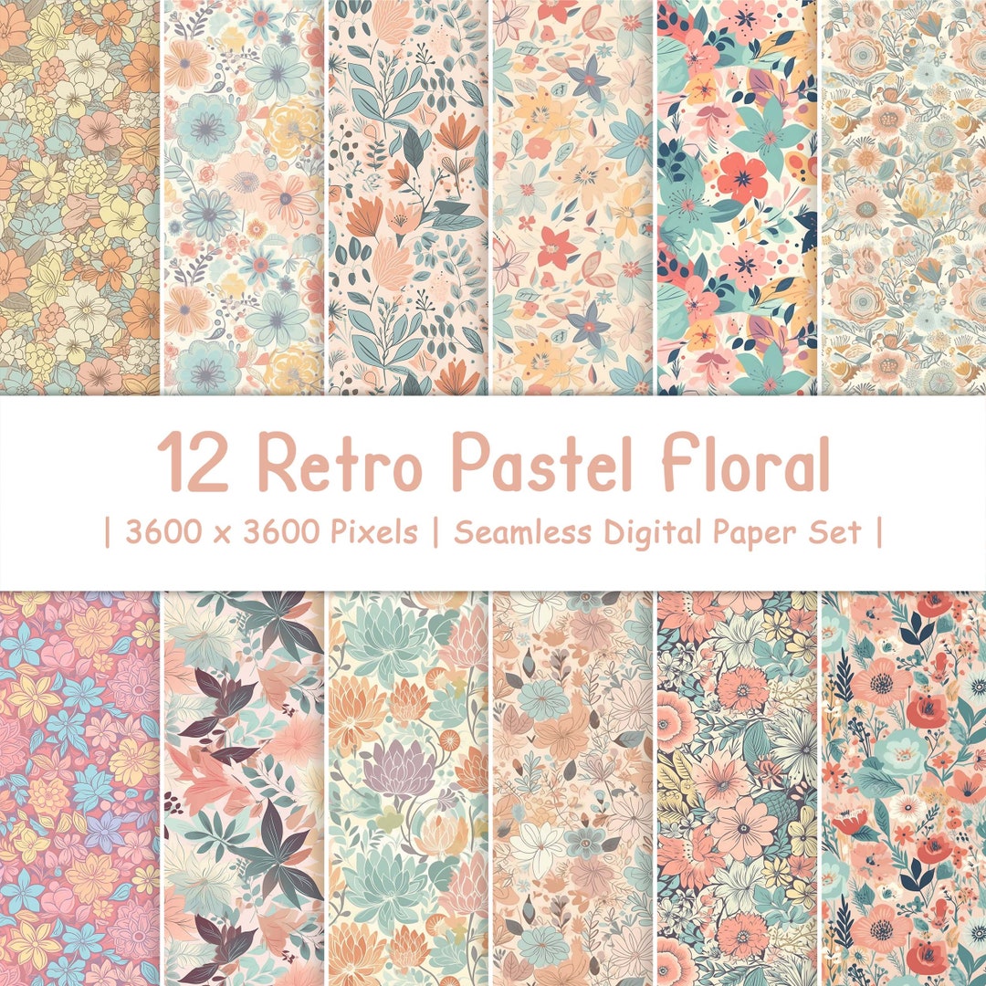 12 Retro Pastel Floral Printable Papers | Seamless Pattern | Scrapbook ...