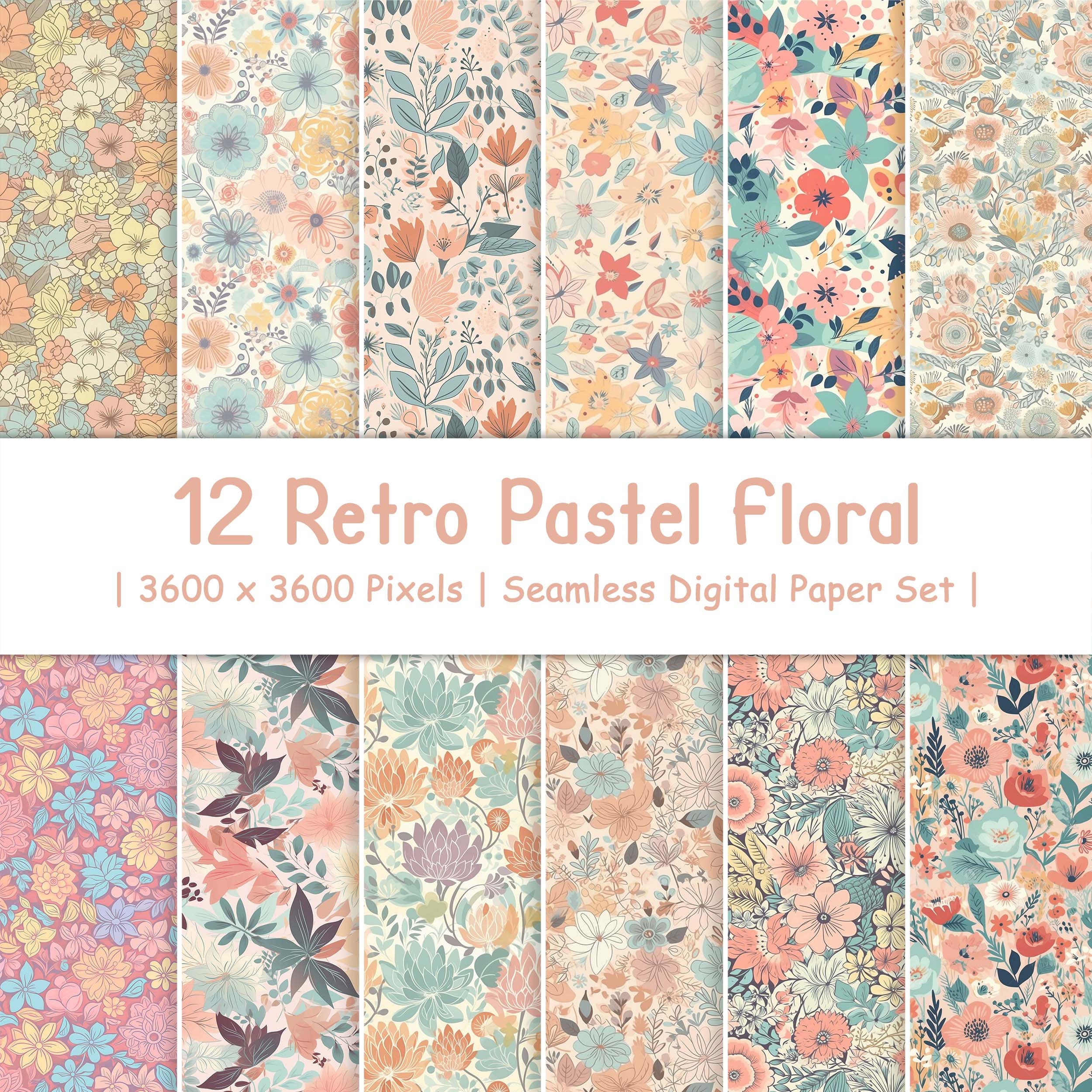 12 Retro Pastel Floral Printable Papers | Seamless Pattern | Scrapbook ...