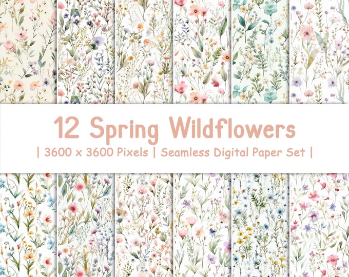 12 Pastel Flowers Patterns, Floral Digital Paper, Spring Wildflower Seamless Patterns Set ...