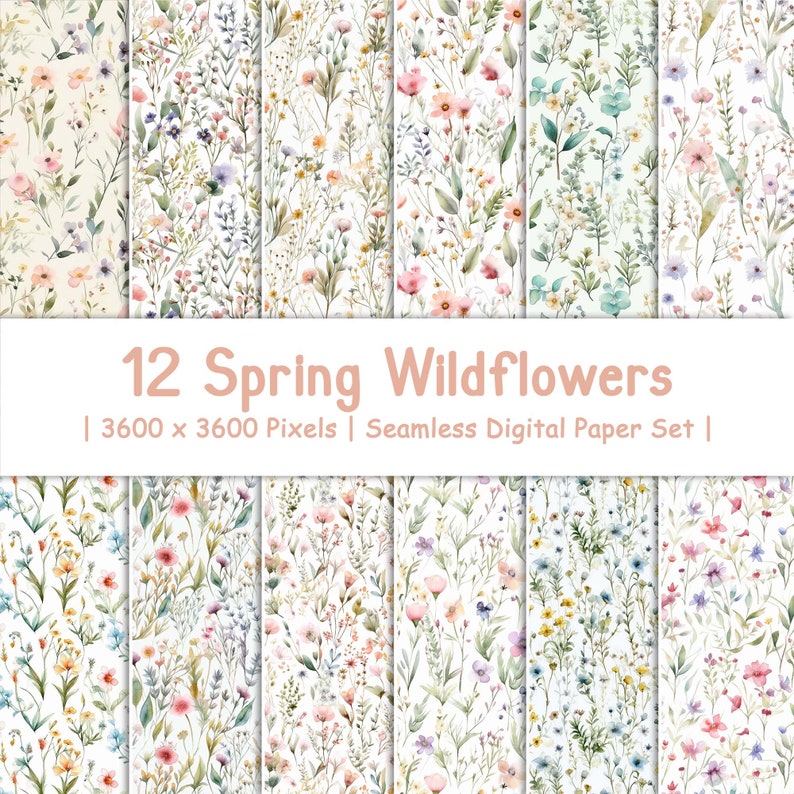 12 Seamless Spring Wildflowers | Watercolor Flower Backgrounds | Spring ...