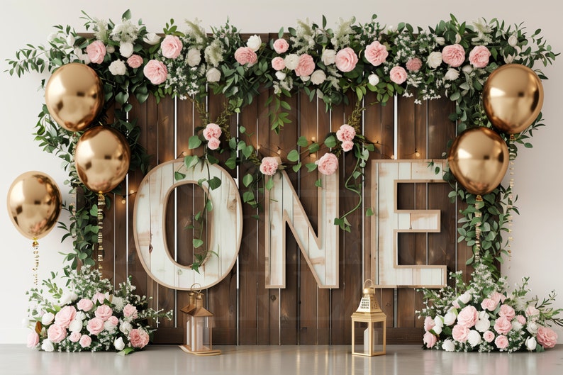 Pink Floral First Birthday Digital Backdrop for Newborn Girl - Etsy