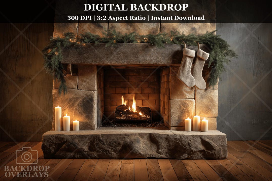 Christmas Fireplace Digital Backdrop Cozy Hearth Studio Photography ...