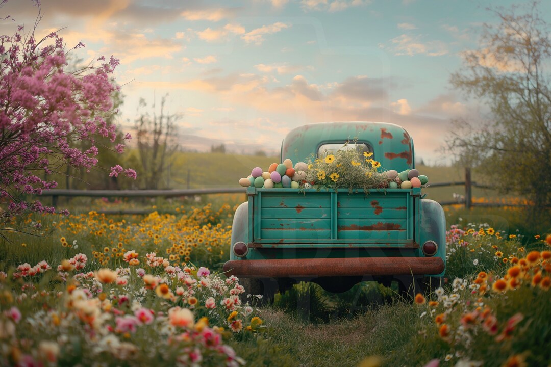 Vintage Truck Digital Backdrop Easter Spring Photography Background ...