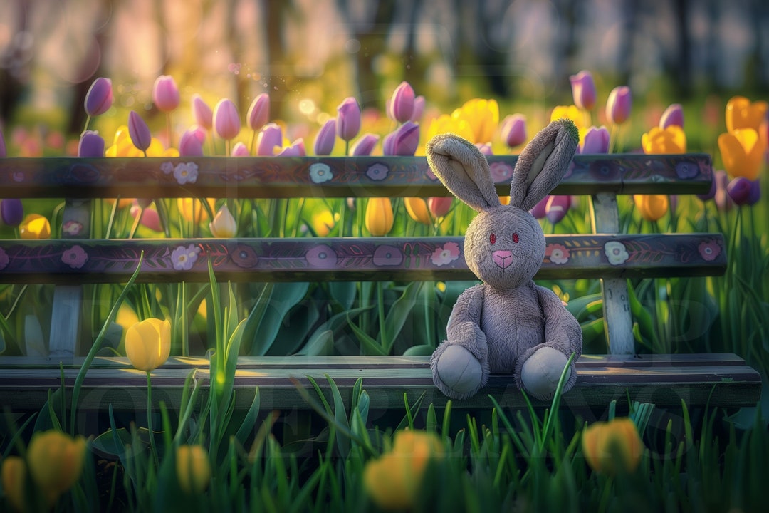 Easter Bunny Digital Backdrop Spring Bench Photography Background ...