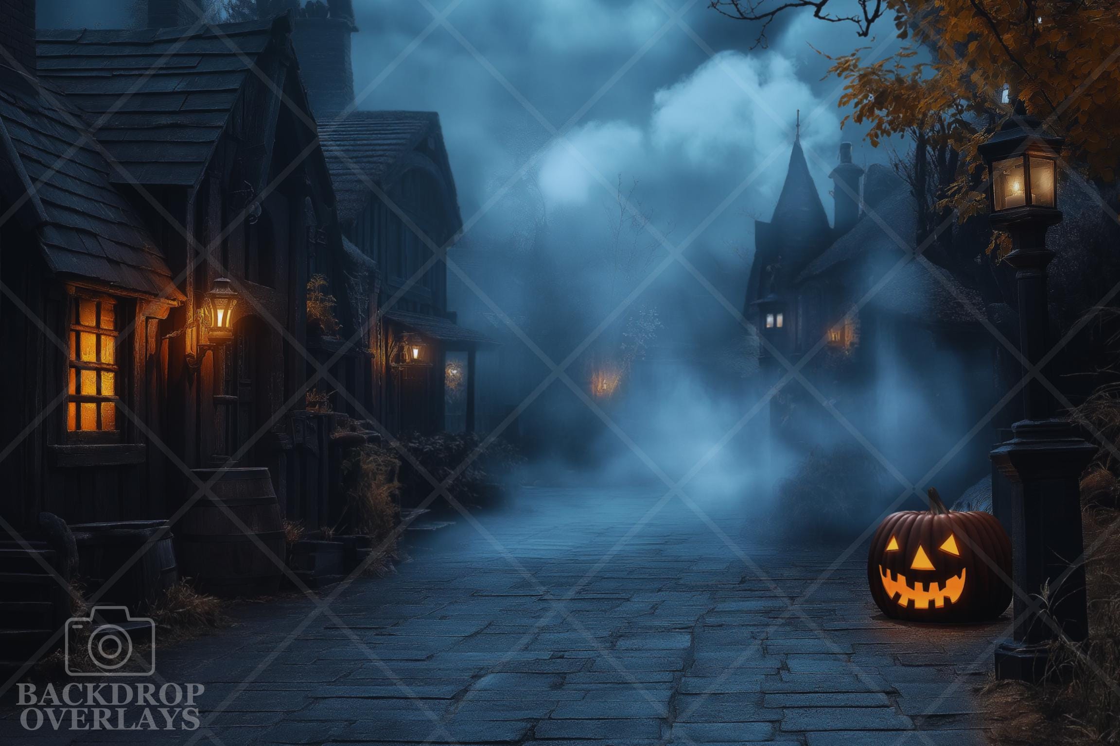 Spooky Halloween Digital Backdrop Foggy Village Jack O Lantern ...