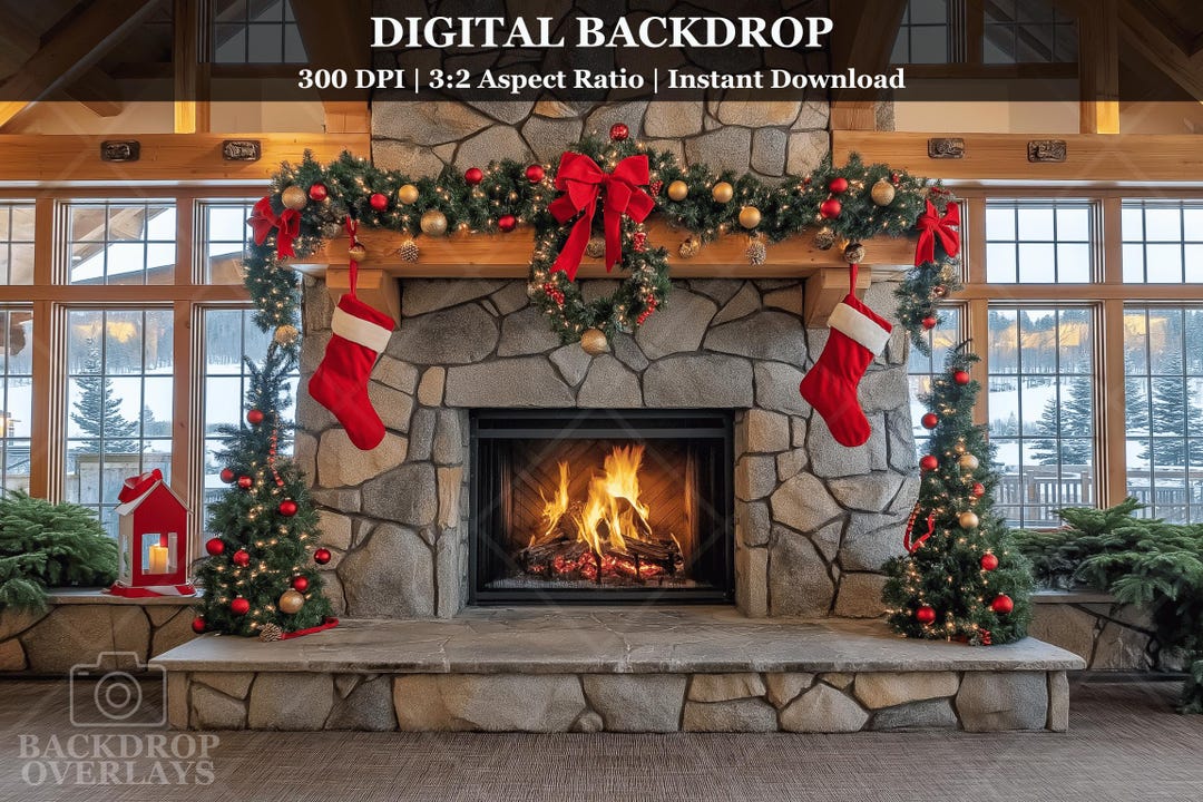 Christmas Fireplace Digital Backdrop Cozy Winter Photography Background ...
