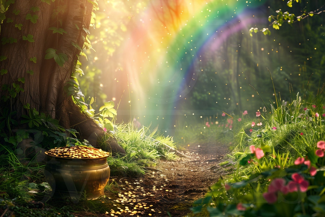 St Patty's Day Digital Backdrop Pot of Gold Rainbow Digital Background ...