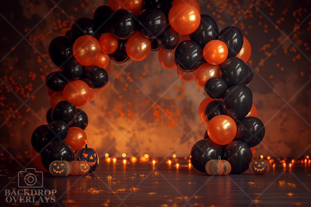 Halloween Balloon Arch Digital Backdrop Spooky Pumpkin Festive Event ...