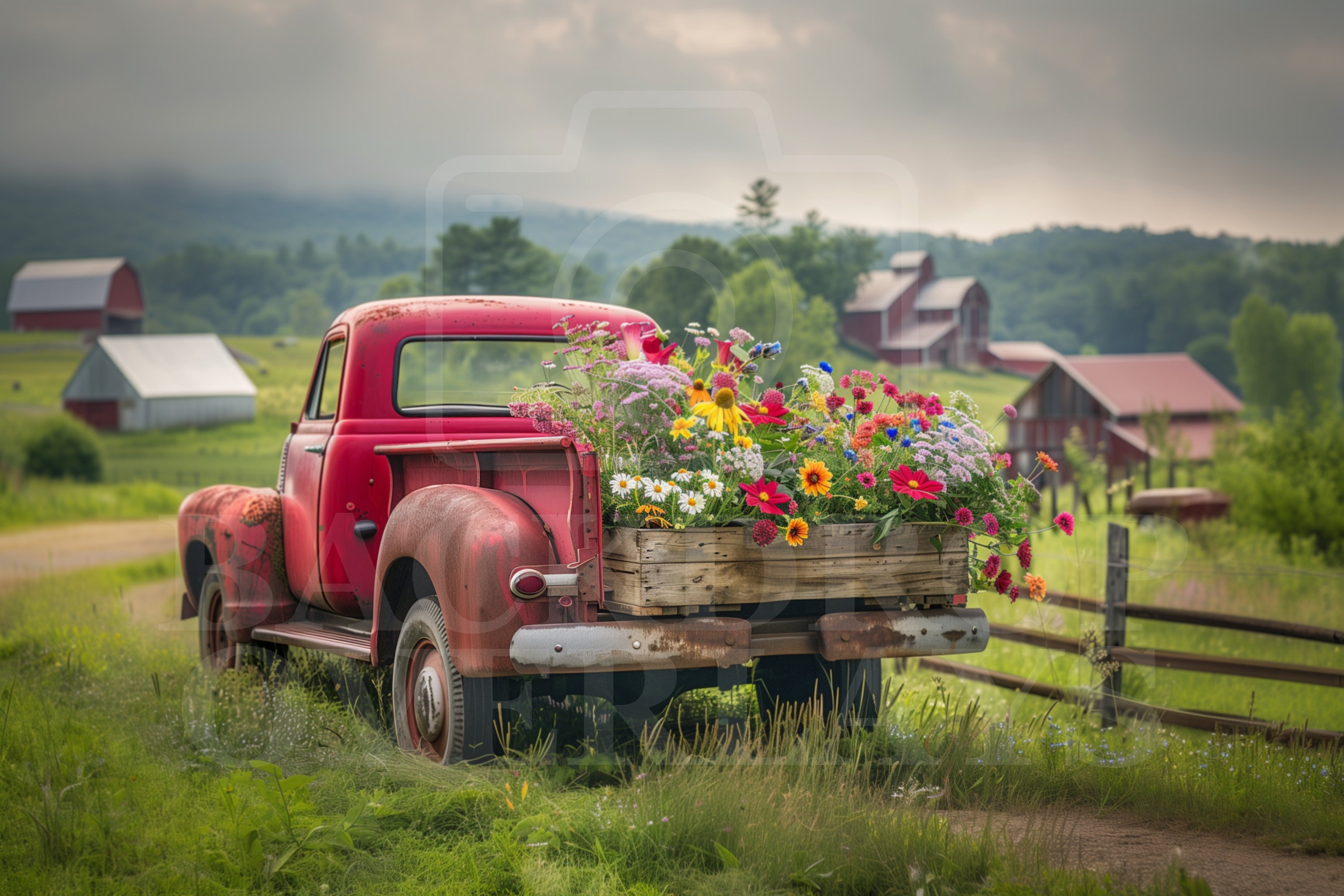 Floral Digital Backdrop Vintage Truck Background Country Farm ...