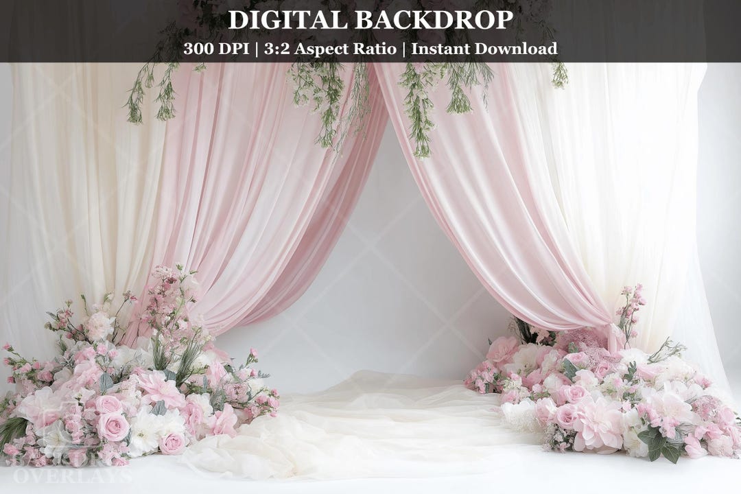 Pink Floral Studio Digital Backdrop White Soft Spring Portrait ...