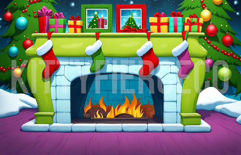 Christmas Digital Backdrop Cartoon Ville Fireplace Digital Background ...