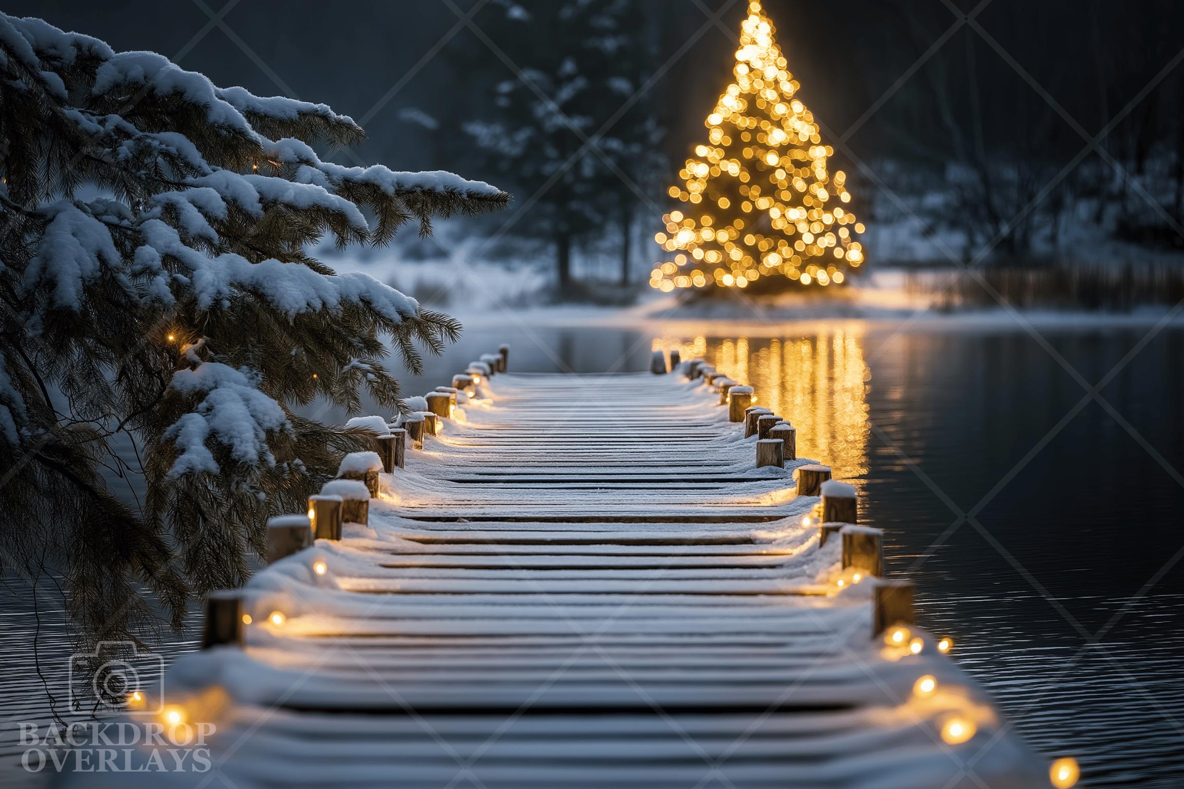 Snowy Lake Dock Christmas Digital Backdrop Winter Holiday Portrait ...