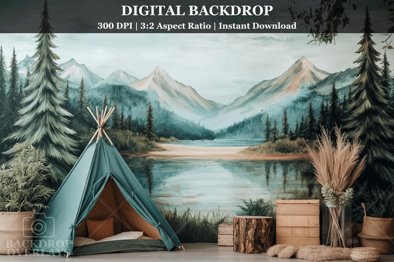 Camping Tent Lake and Mountain Digital Backdrop Summer Outdoor ...