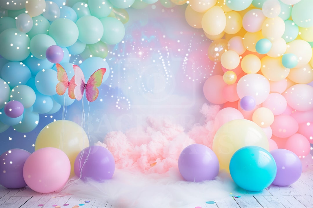 Butterfly Balloon Cake Smash Digital Backdrop Colorful Children ...