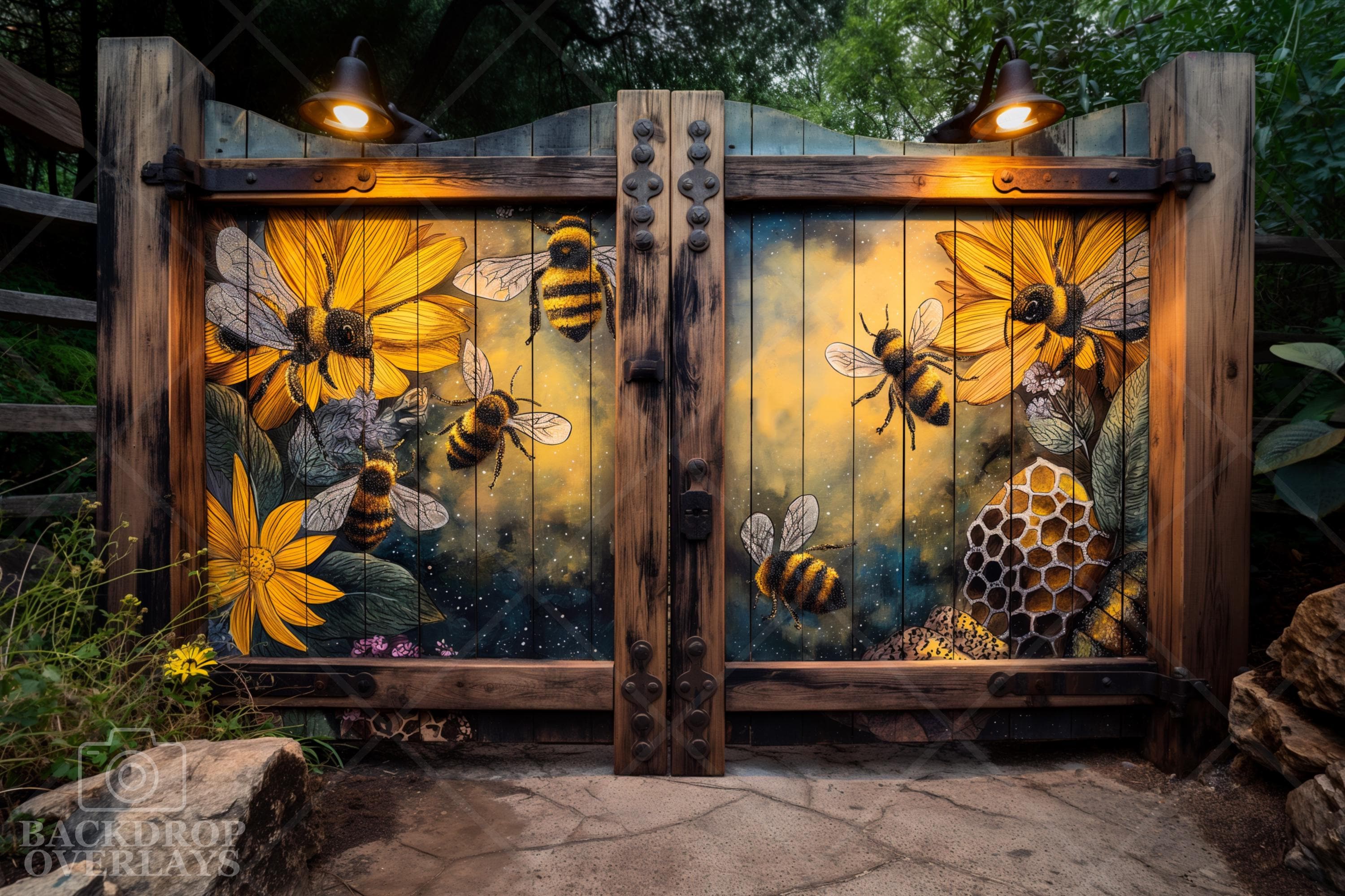 Bee Garden Gate Digital Backdrop Rustic Outdoor Photo Prop Sunflowers ...