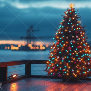 Waterfront Christmas Tree Digital Backdrop Holiday Lights Photography ...