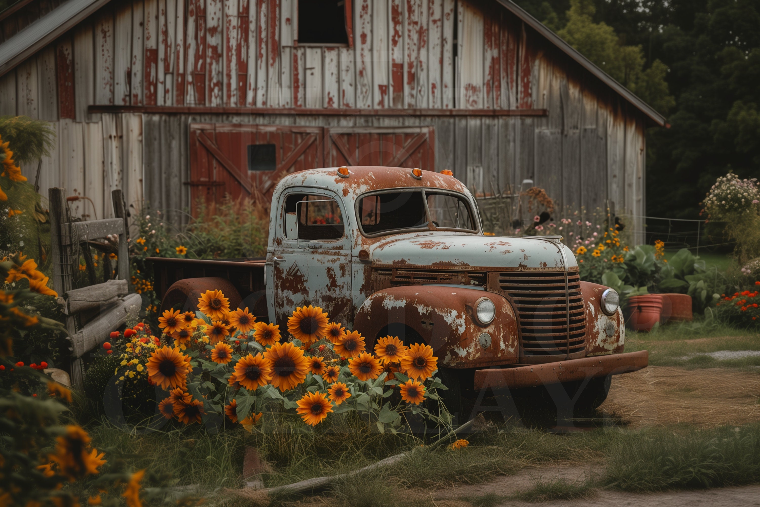 Floral Digital Backdrop Country Farm Background Vintage Truck ...