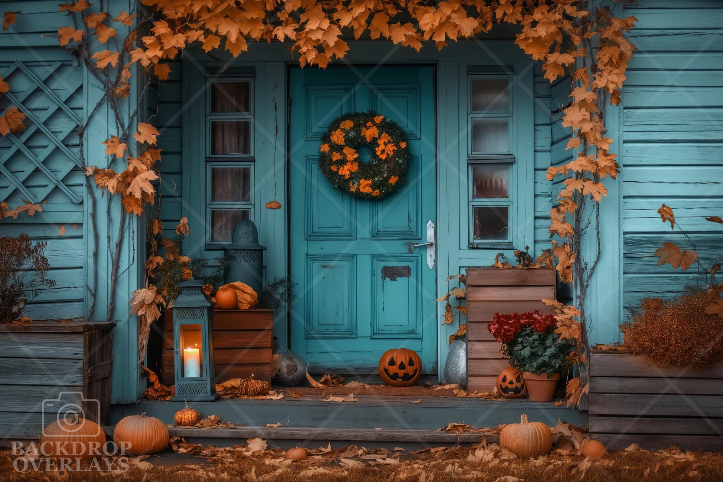 Halloween Front Porch Digital Backdrop Autumn Decor Pumpkin Lantern ...