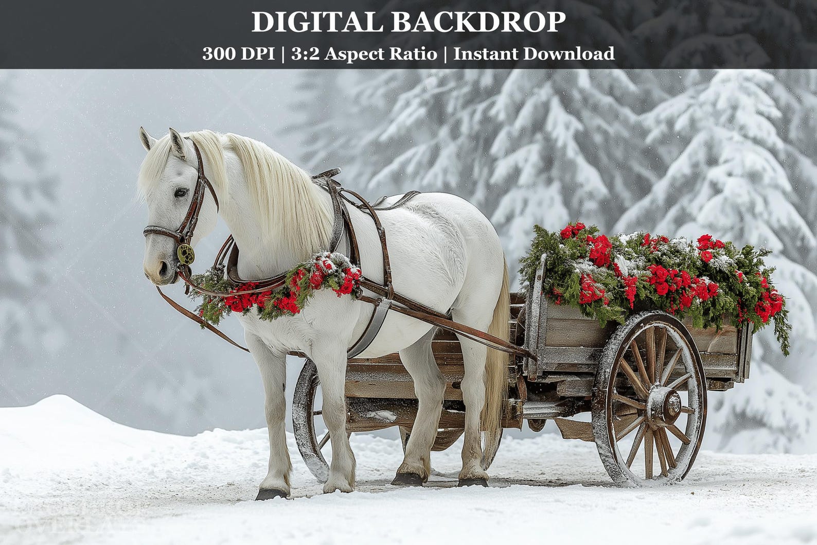 White Horse Christmas Digital Backdrop Winter Wagon Photography ...