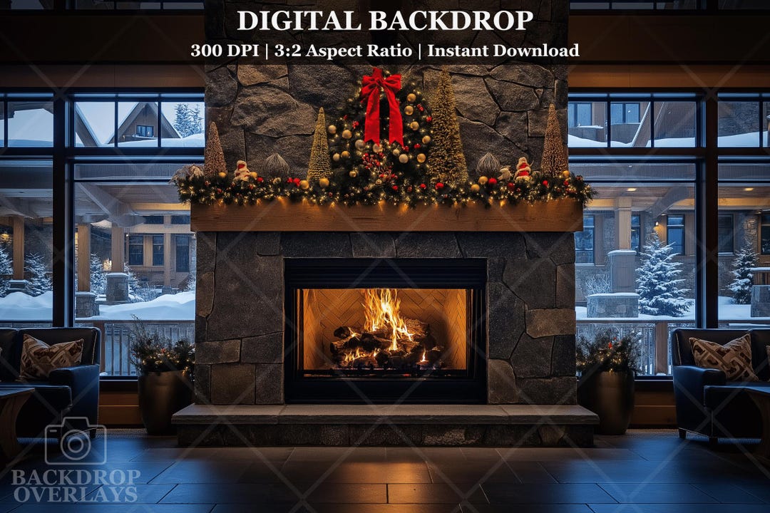 Christmas Fireplace Digital Backdrop Cozy Winter Photography Background ...