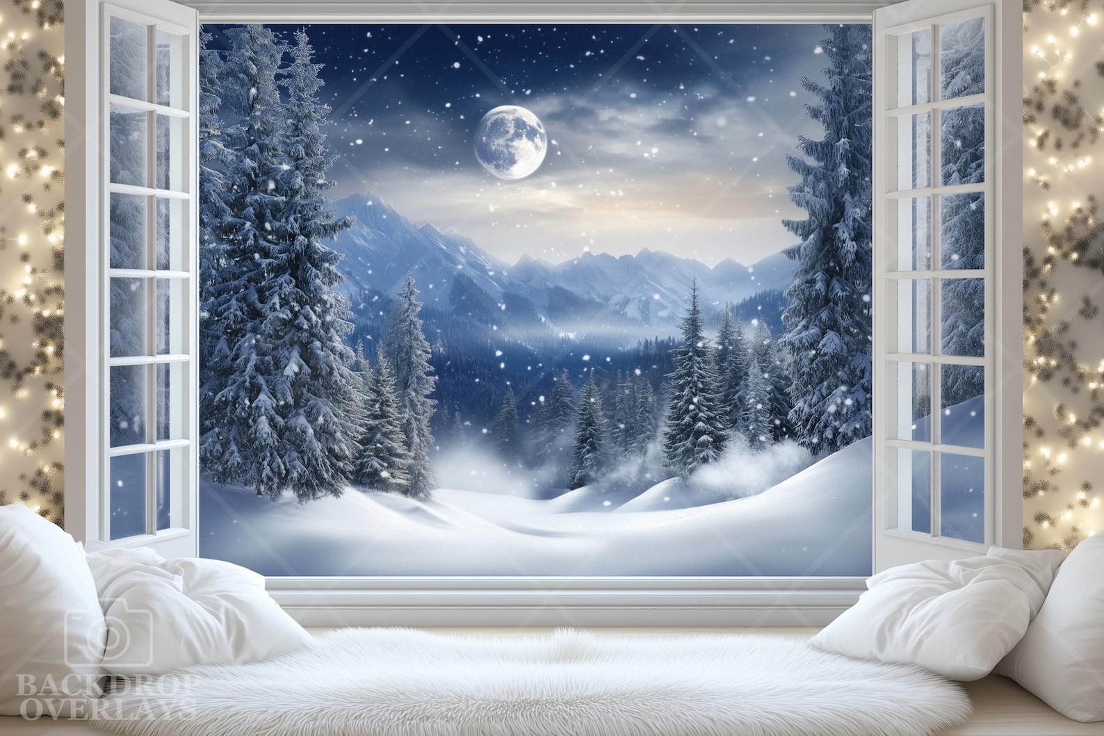 Snowy Winter Window Digital Backdrop Christmas Holiday Portrait Digital ...