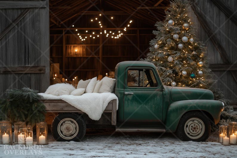 Rustic Christmas Truck Digital Backdrop Holiday Photography Background ...