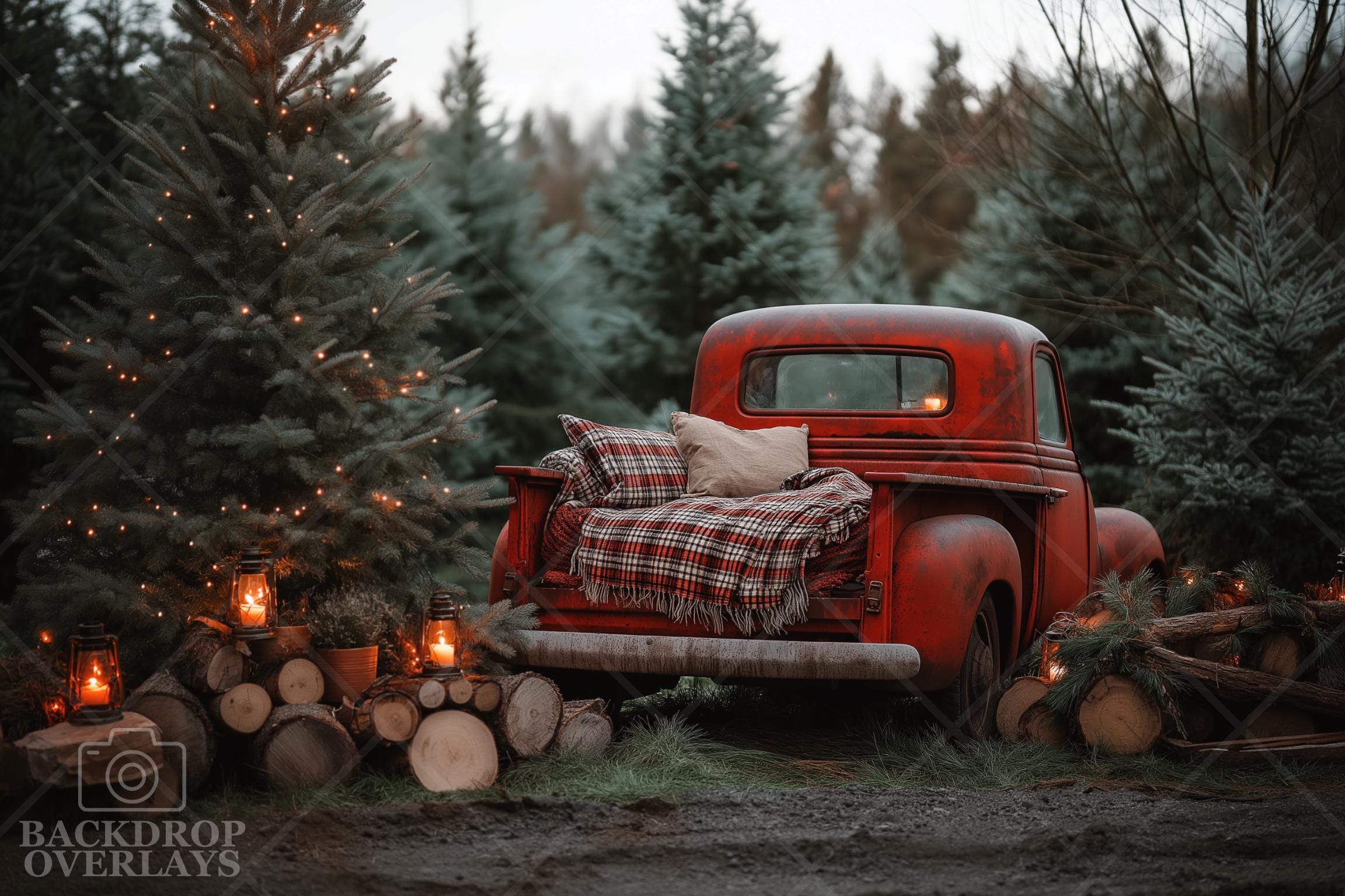 Vintage Red Truck Christmas Digital Backdrop Rustic Holiday Photo Prop ...