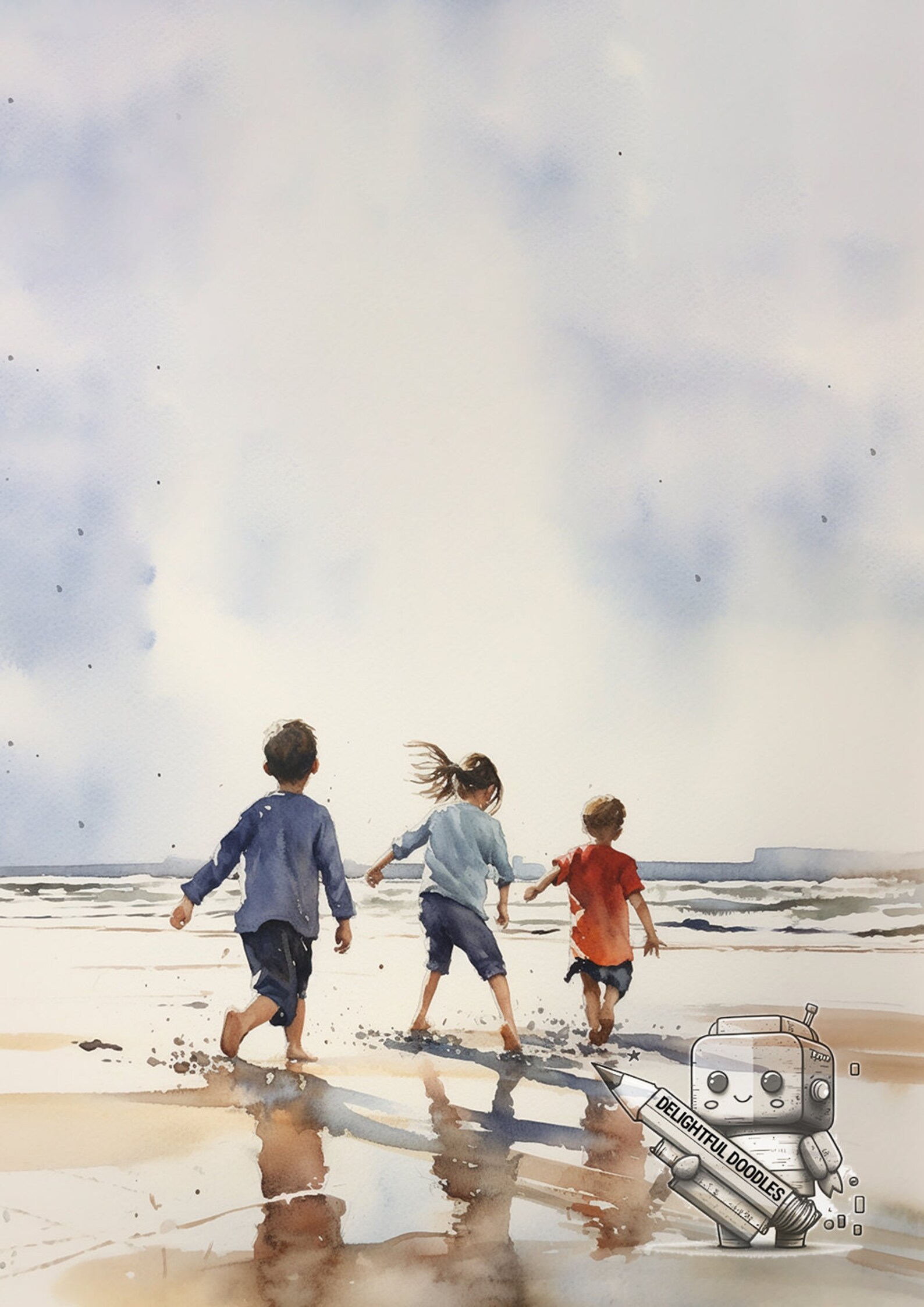 Seaside Playtime: Watercolour Painting of Three Children on the Beach ...