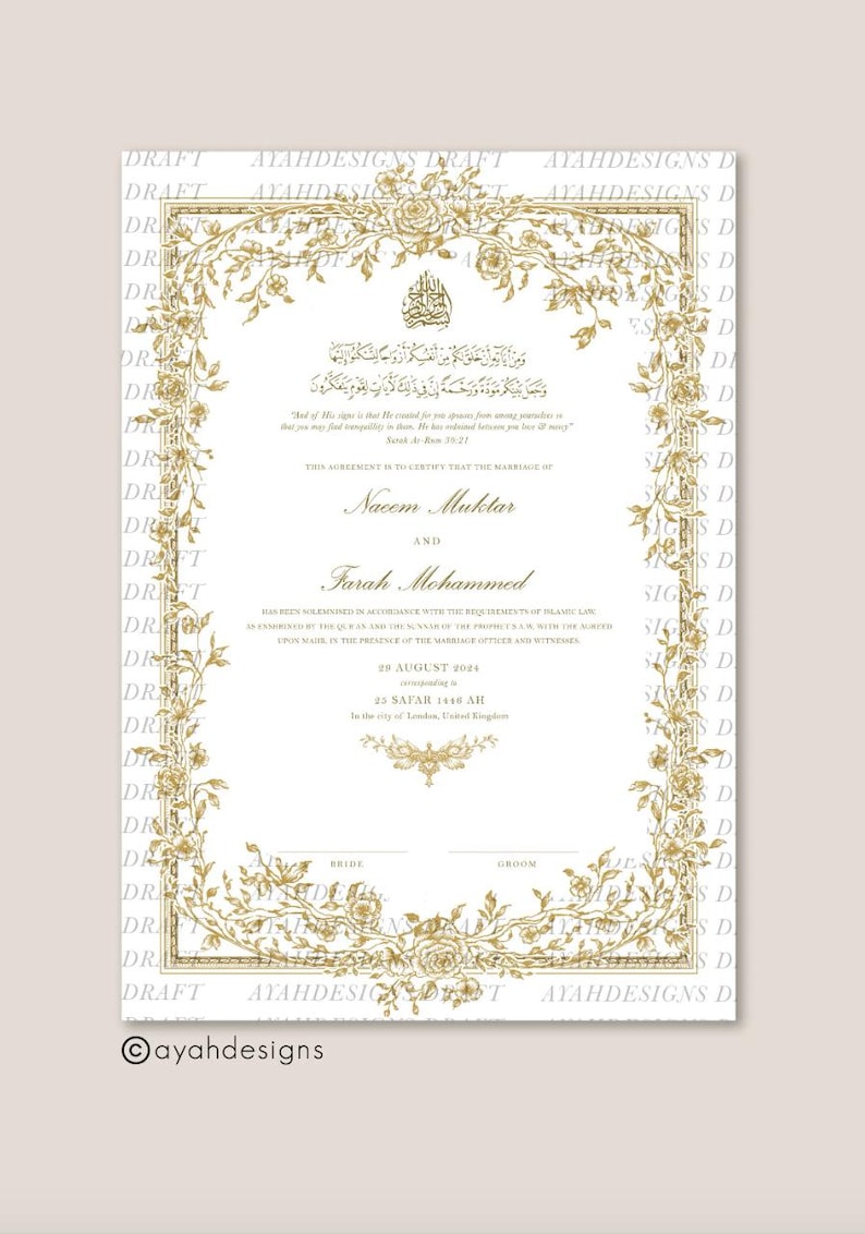 Floral Luxury A4/A3 Nikkah Certificate: Personalised Islamic Wedding ...