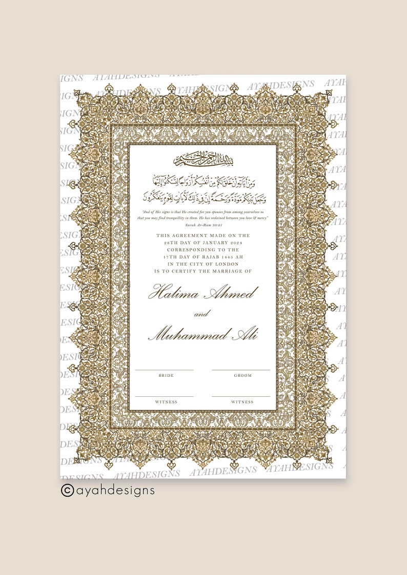 A4 Luxury Nikkah Certificate, Nikah Contract Gold, Islamic Marriage ...