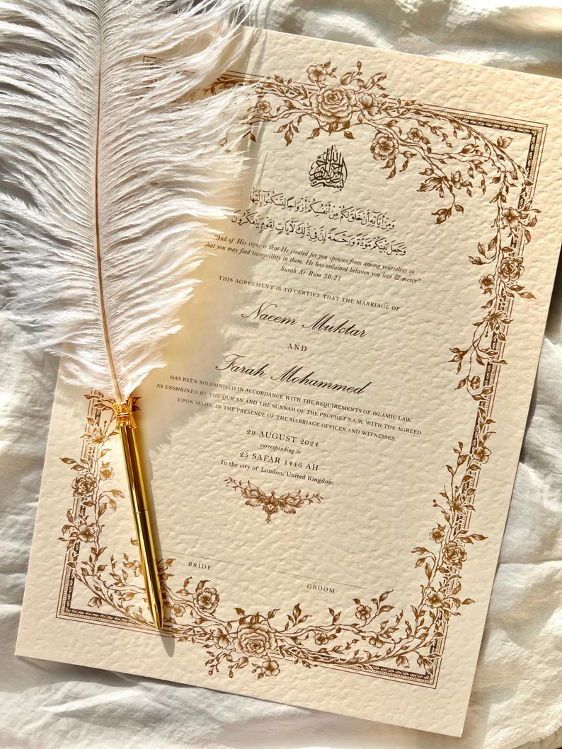 Floral Luxury A4/A3 Nikkah Certificate: Personalised Islamic Wedding ...