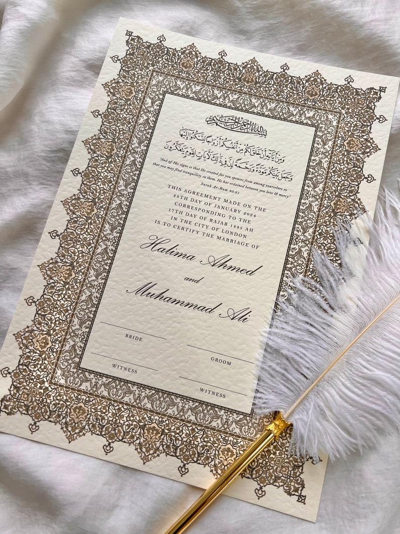 A4 Luxury Nikkah Certificate, Nikah Contract Gold, Islamic Marriage ...