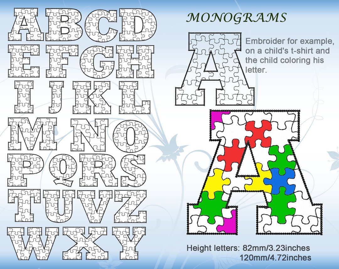Puzzle Alphabet for Coloring, 4x4hoop/5x7hoop, 26 Letters - 2 Sizes. In ...