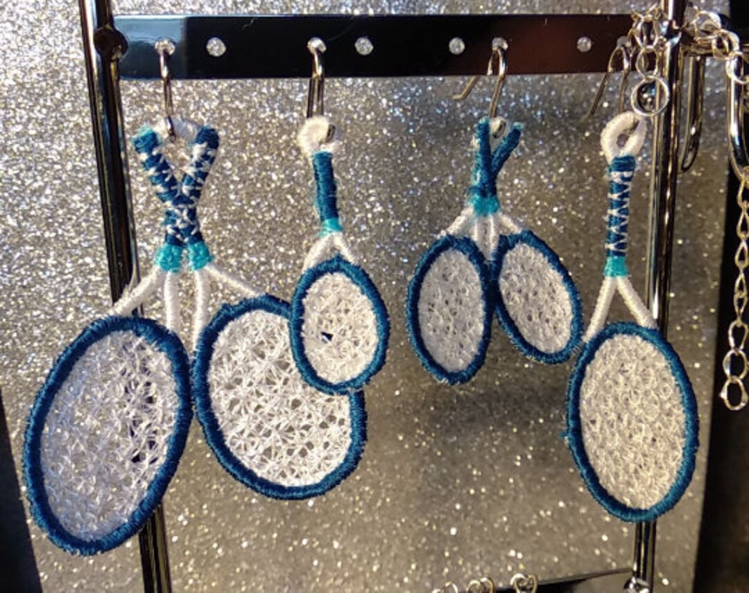 Tennis Racket, 2 Designs 3 Sizes. FSL Earrings, Lace, Sports Embroidery ...