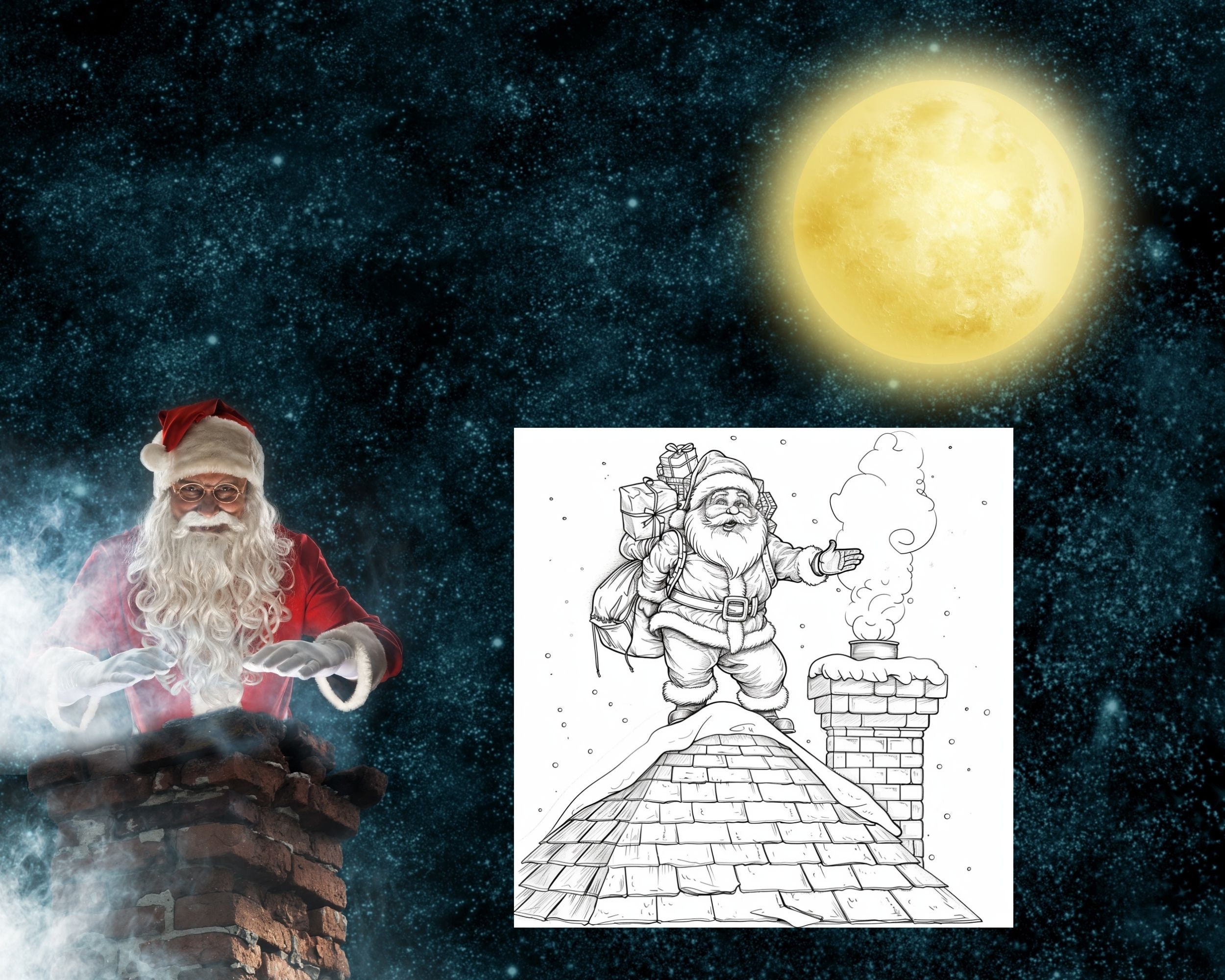 Santa Claus on Rooftop Coloring Pages: Festive Holiday Fun (digital ...