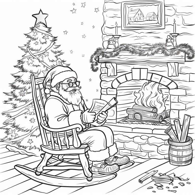 Santa's Reading List Coloring Pages: Whimsical Christmas Fireplace ...