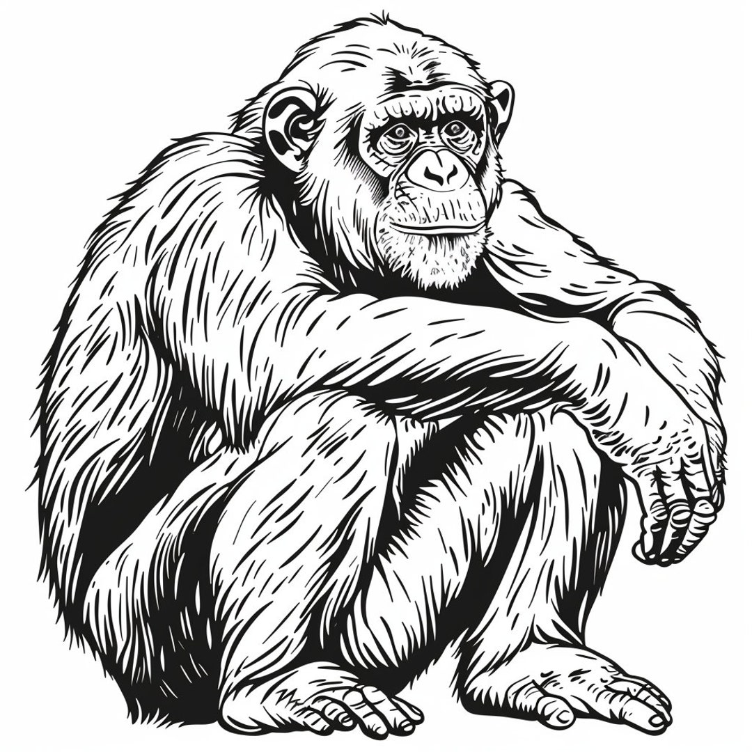 Chimpanzee Coloring Pages - Digital Download, Detailed Wildlife Art ...